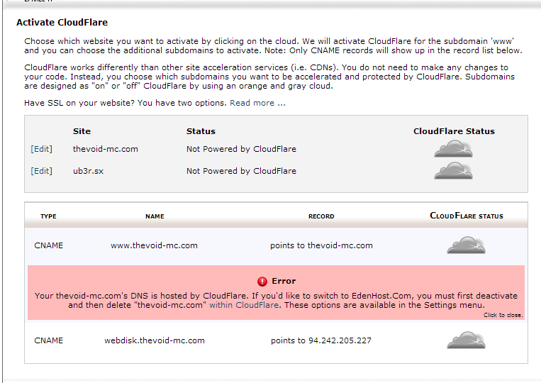 domain name system - Enabling Cloudflare via cPanel shows error: "Your DNS is hosted by ...
