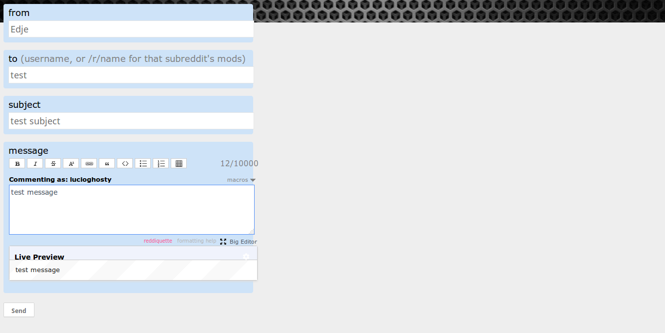 How does one set the dialogue box width to the right size for RES users on the "/r/ /message ...