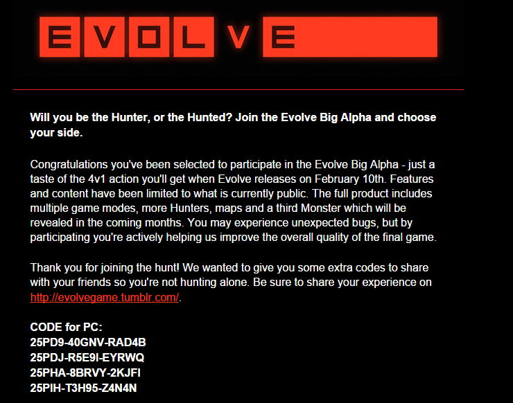 Four Evolve Alpha Codes! : r/pcmasterrace