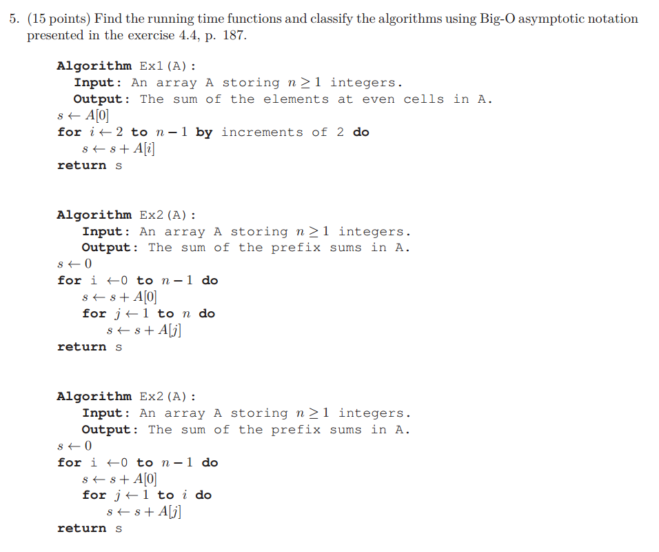 5 Find The Running Time Functions And Classify The