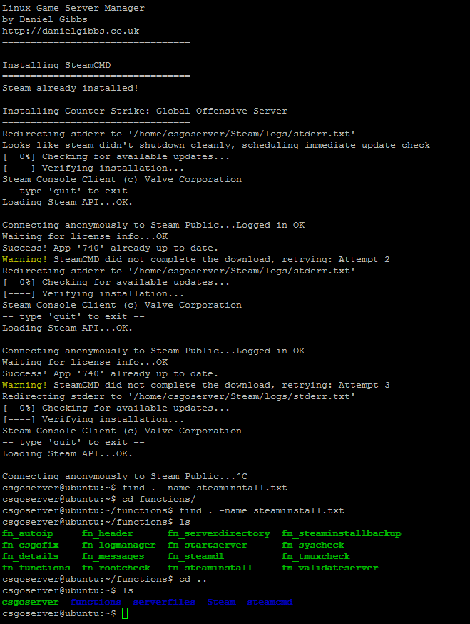 Unable to install csgoserver correctly · Issue #265 · GameServerManagers/LinuxGSM · GitHub