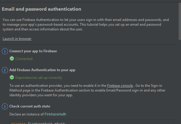 How to get Android simple Firebase Authentication to work? Getting null object reference error ...