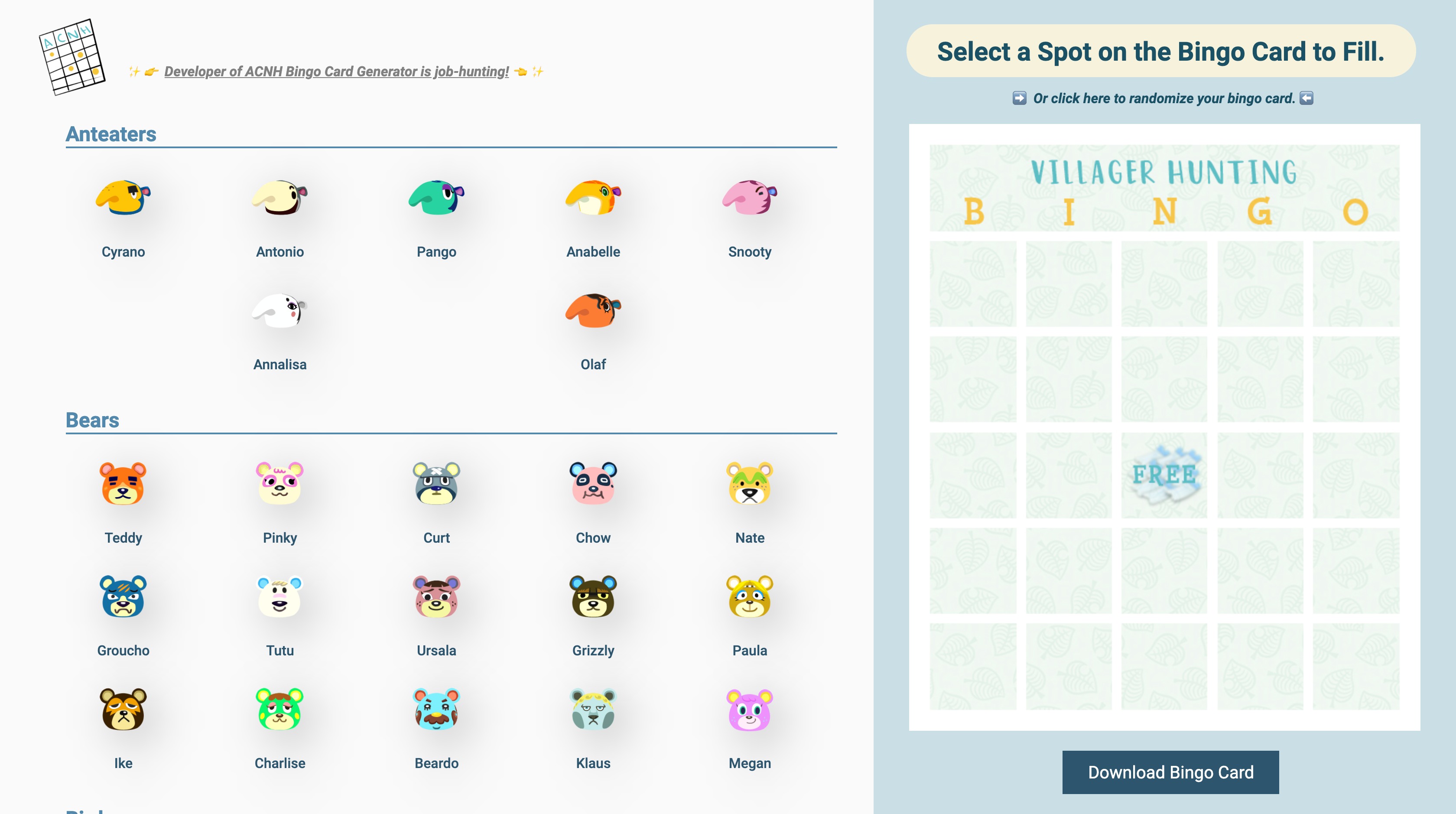 GitHub - t0ri/acnh-bingo: Generate a bingo card for villager hunting in ...