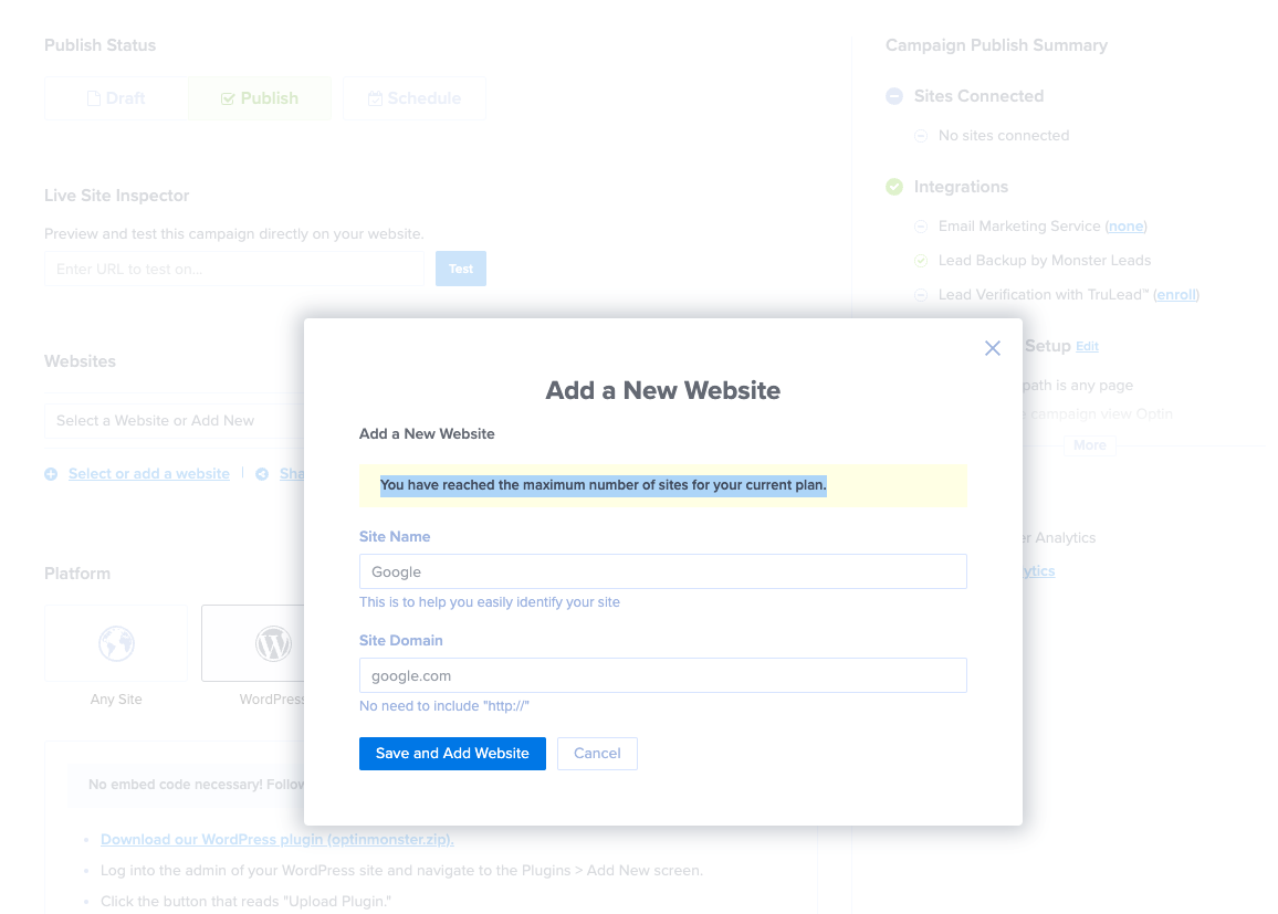 You have reached the maximum number of sites for your current plan ...