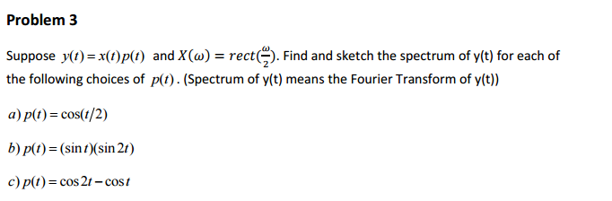 Solved Suppose y(t) = x(t)p(t) and X(omega) = rect(omega/2). | Chegg.com