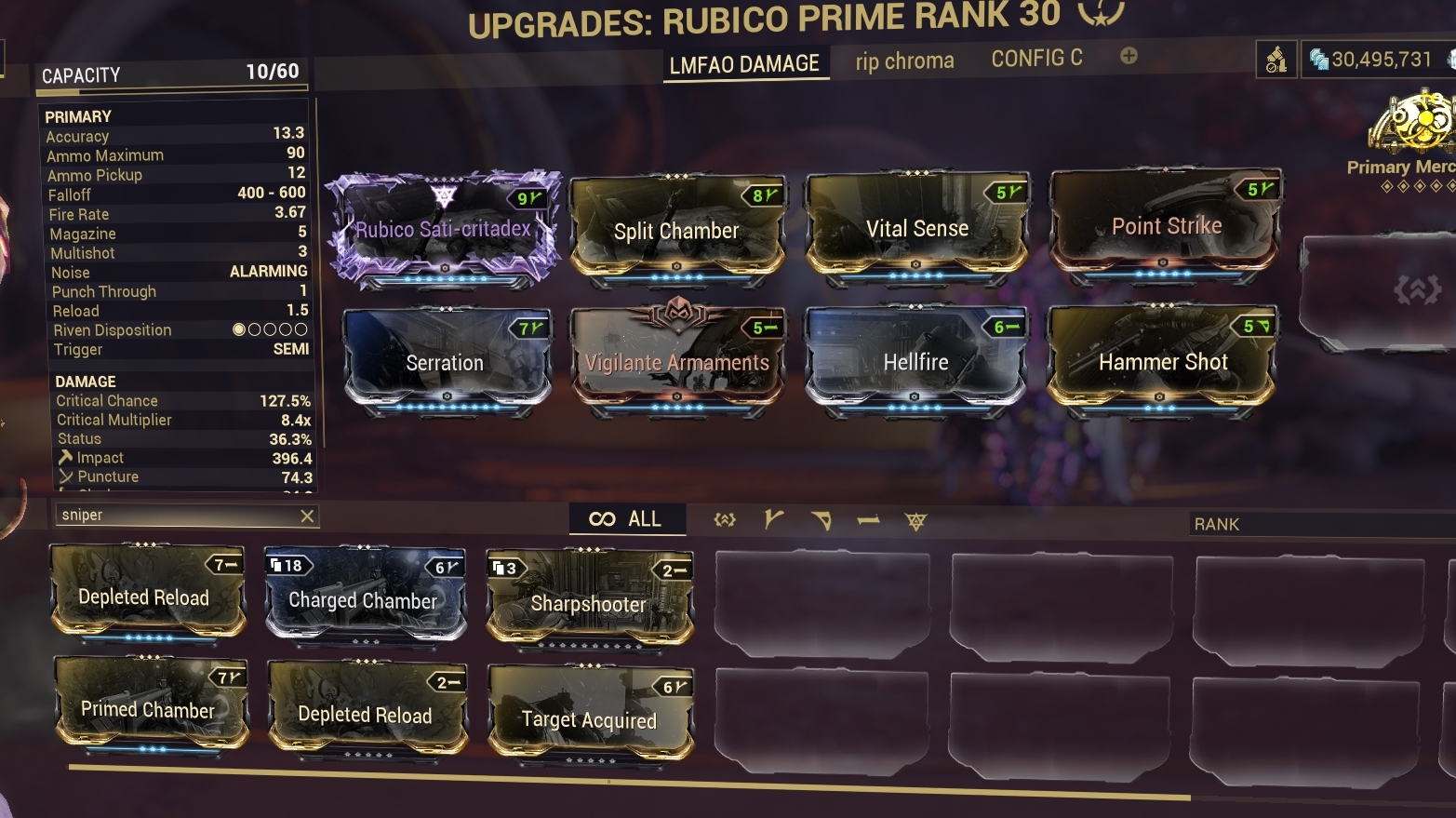 Cannot put on Primed Sniper Ammo mutation on Rubico Prime and other snipers (bramma, ogris ...
