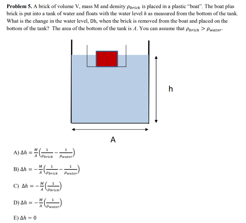 Solved Problem 5. A brick of volume V, mass M and density | Chegg.com