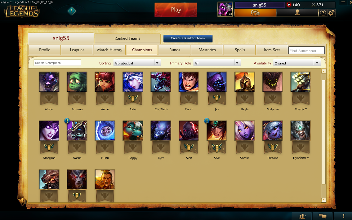 [Selling] NA League of Legends Gold I 24 Champs Plat MMR