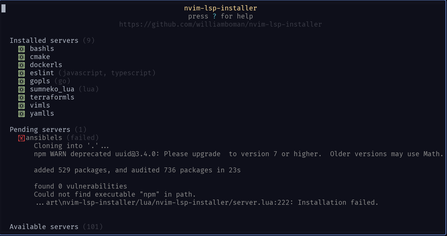 Ansiblels Installation Fails · Issue #541 · williamboman/nvim-lsp-installer · GitHub