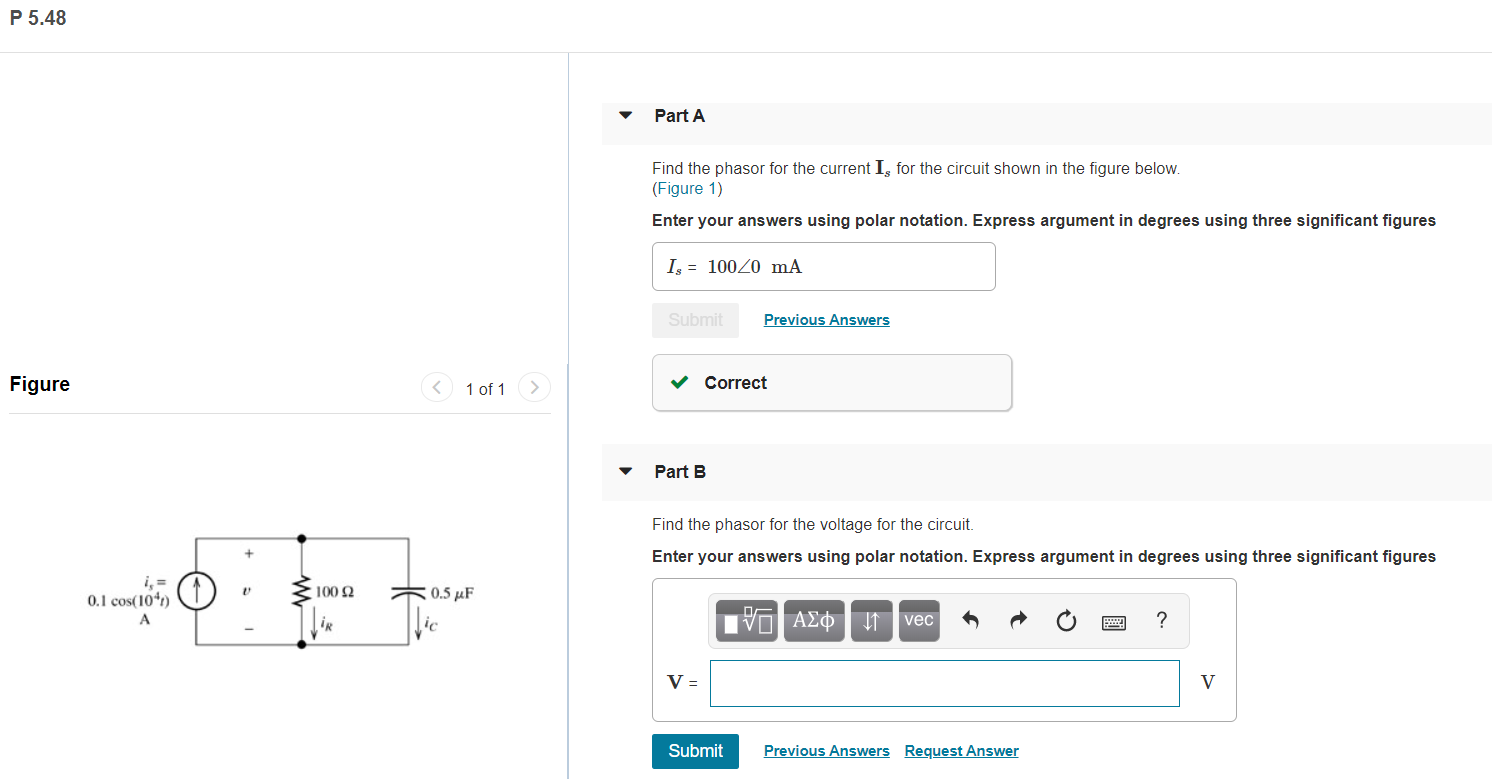 Solved P 5.48 Part A Find the phasor for the current I, for | Chegg.com