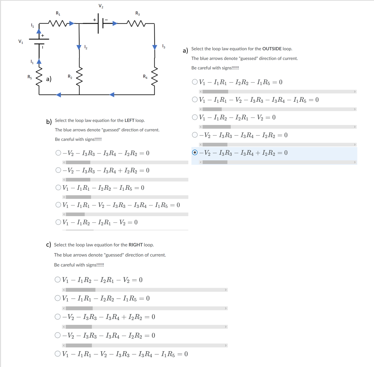 Solved 13 a) Select the loop law equation for the OUTSIDE | Chegg.com