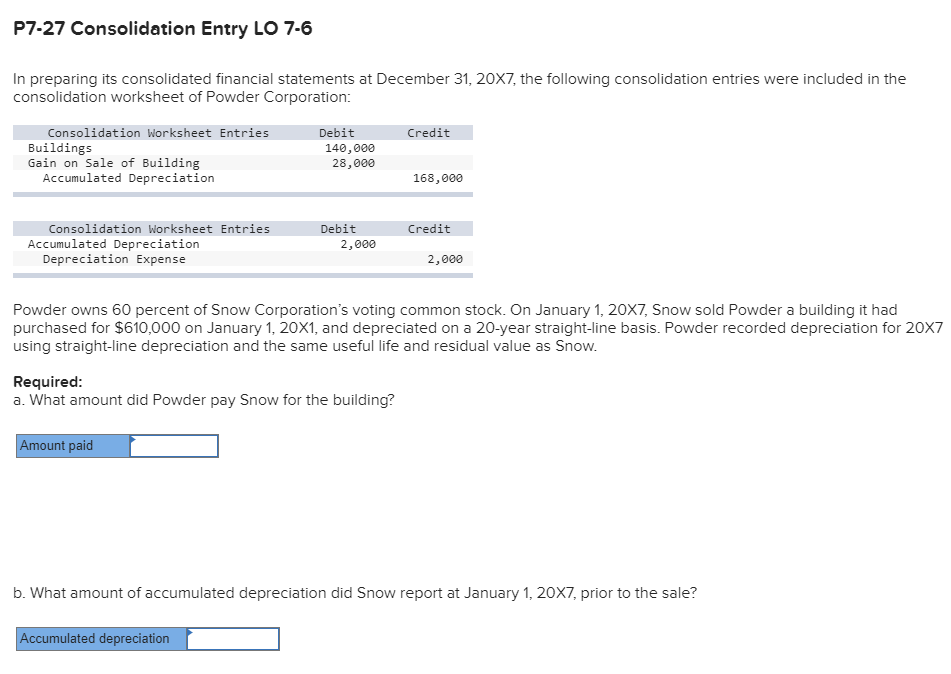 Solved P7-27 Consolidation Entry LO 7-6 In preparing its | Chegg.com