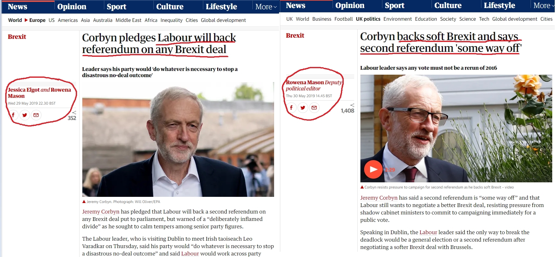 Same reporter, same newspaper, same topic, same politician, one day ...