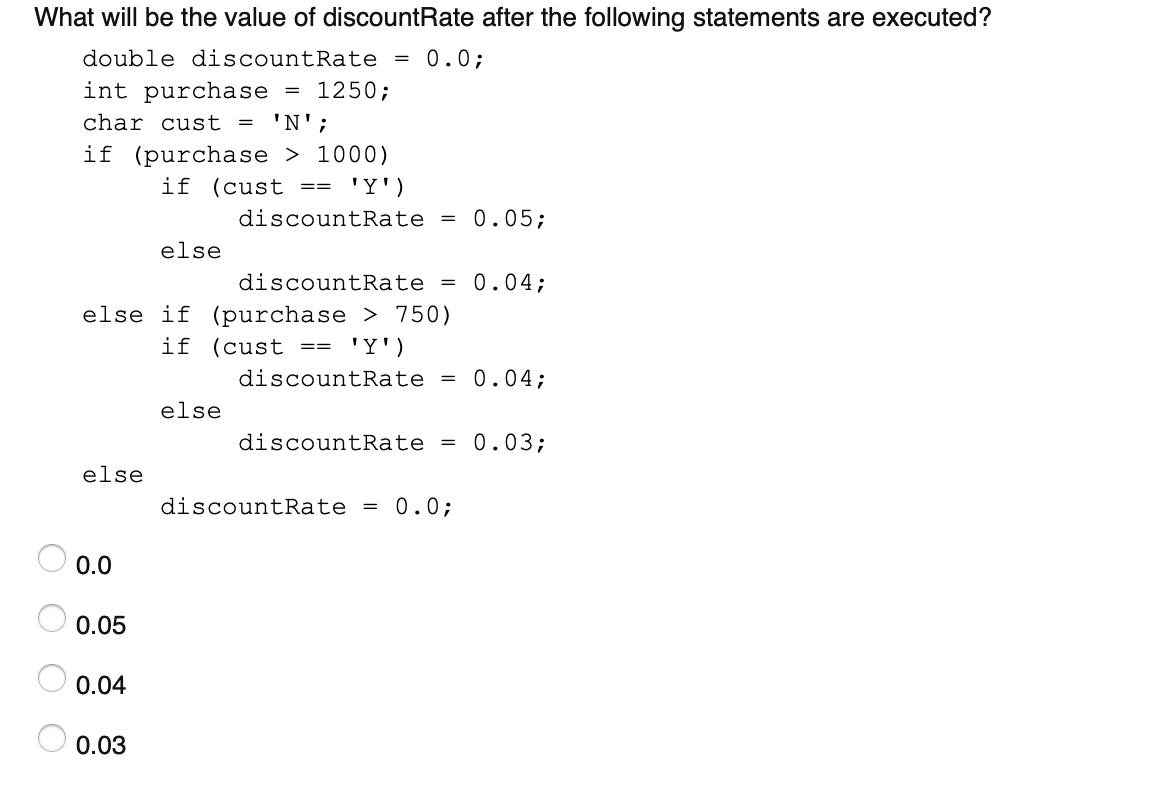 Solved What will be the value of discountRate after the | Chegg.com