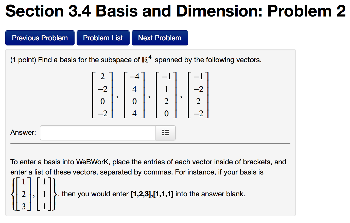 Solved Section 3.4 Basis and Dimension: Problem 2 Previous | Chegg.com