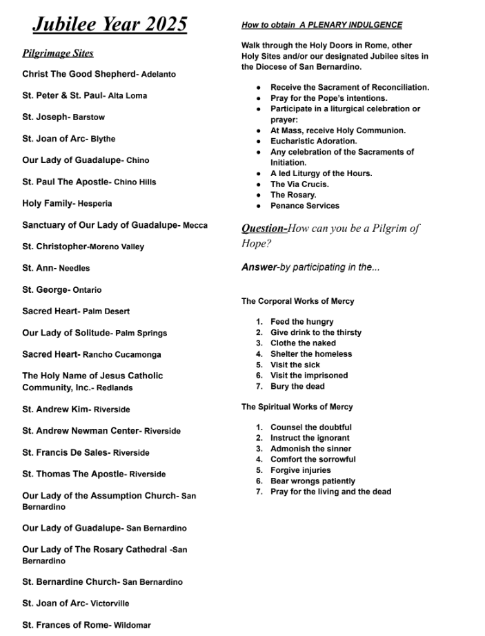 Jubilee Year 2025 - Our Lady of the Lake - Lake Arrowhead