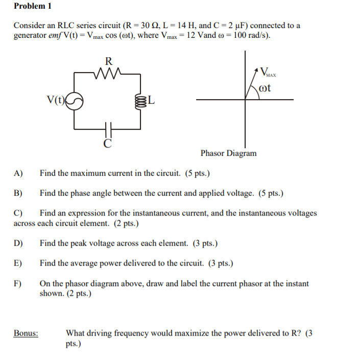 Solved Problem 1 Consider an RLC series circuit (R = 30 Ω, L | Chegg.com