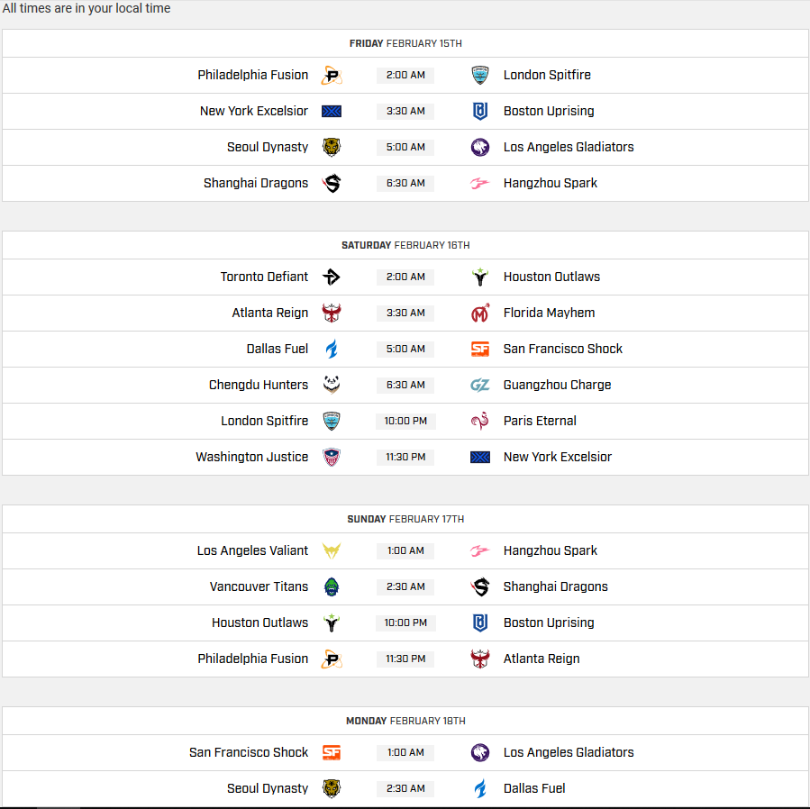 Full Schedule of the OWL S2 : r/Competitiveoverwatch