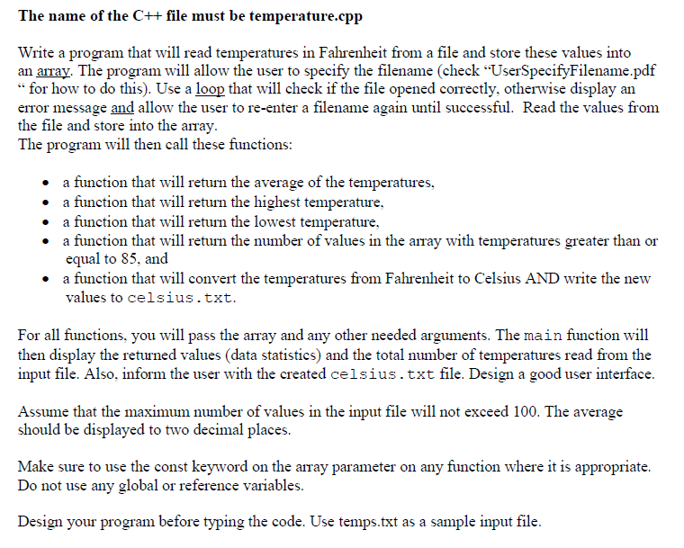 Solved The name of the C++ file must be temperature.cpp | Chegg.com