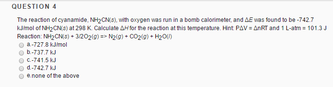 Solved The reaction of cyanamide, NH_2CN(s), with oxygen was | Chegg.com