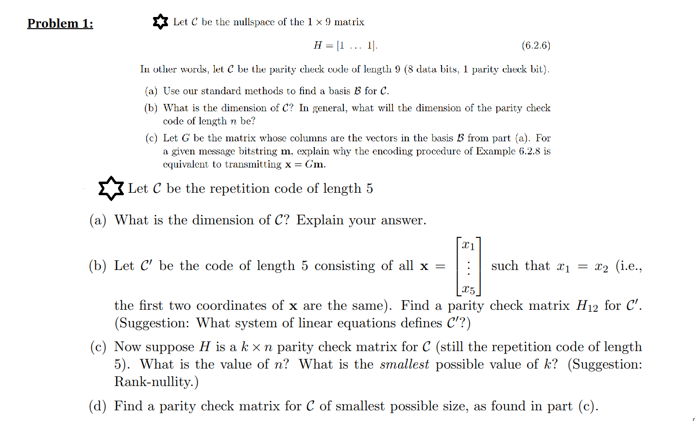 Problem 1 Let C be the nullspace of the 1 x 9 matrix | Chegg.com