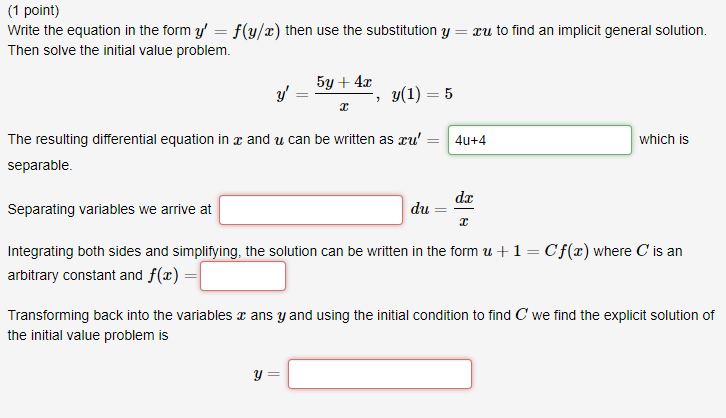 Solved 1 point) Write the equation in the form y, f(y/x) | Chegg.com