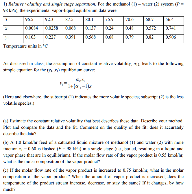 Solved 1 Relative Volatility And Single Stage Separation 
