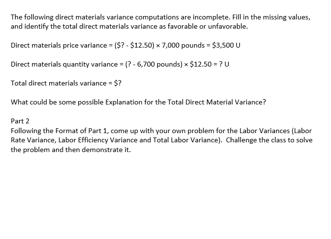Solved The following direct materials variance computations | Chegg.com