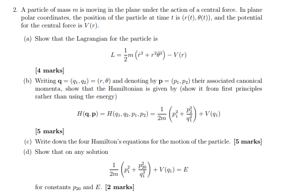 Solved . A particle of mass m is moving in the plane under | Chegg.com