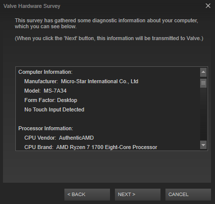 Finally got the Valve Hardware Survey prompt... last time they did it ...