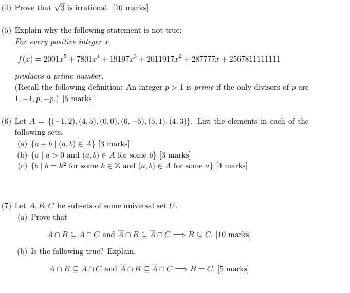 Solved (4) Prove that /3 is irrational. [10 marks (5) | Chegg.com