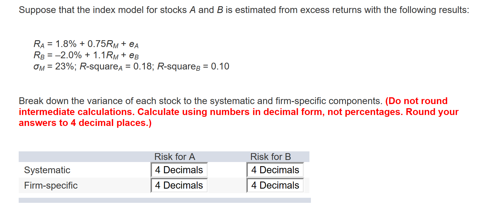 Solved Suppose That The Index Model For Stocks A And B Is 