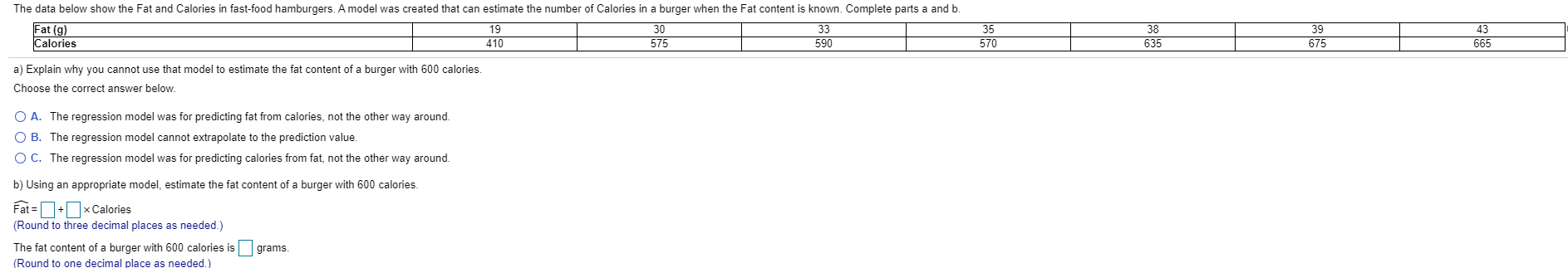 Solved The data below show the Fat and Calories in fast-food | Chegg.com