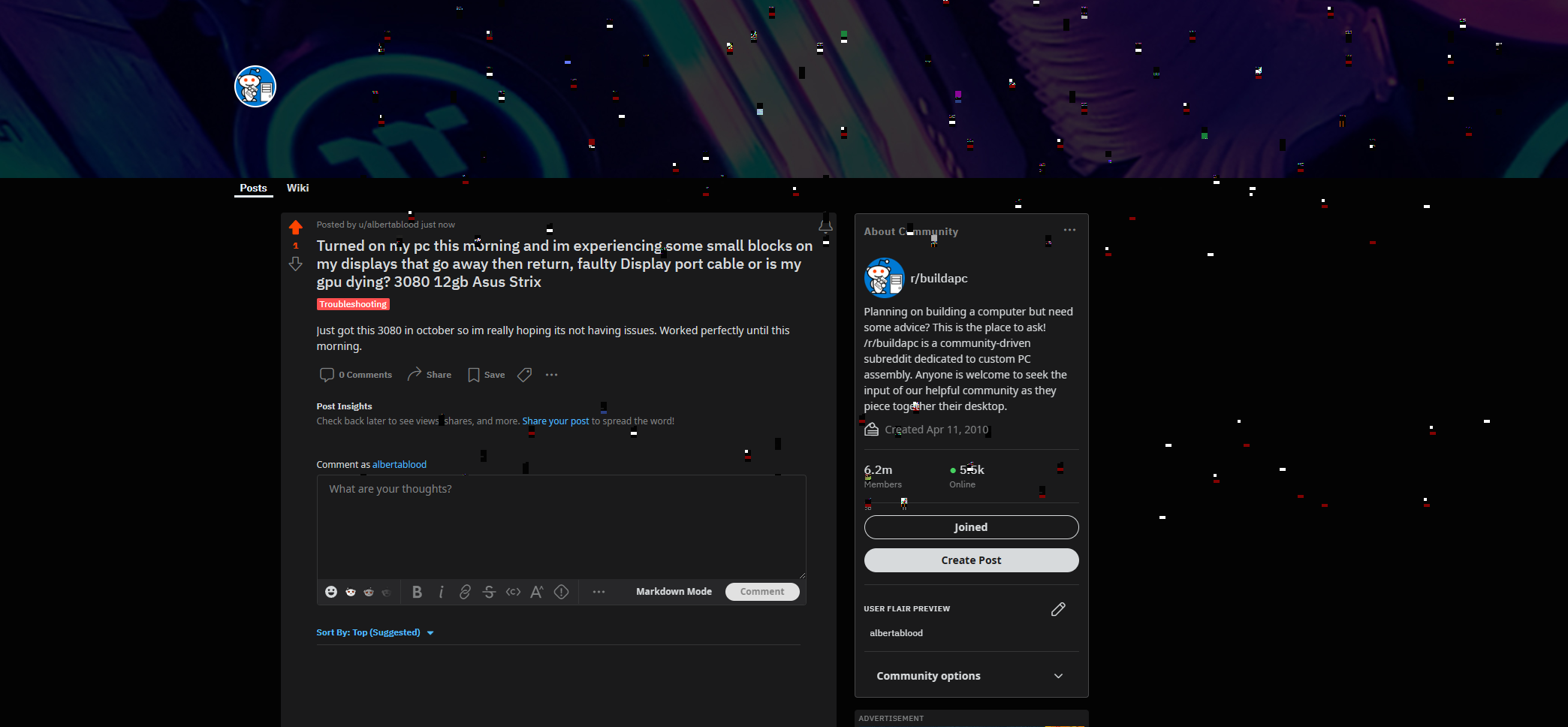 Turned on my pc this morning and im experiencing some small blocks on ...