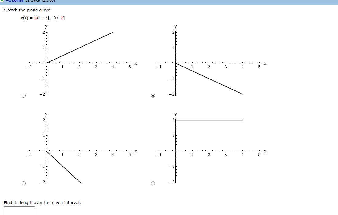 Solved Sketch the plane curve. r(t) = 2ti - tj, [0, 2] | Chegg.com