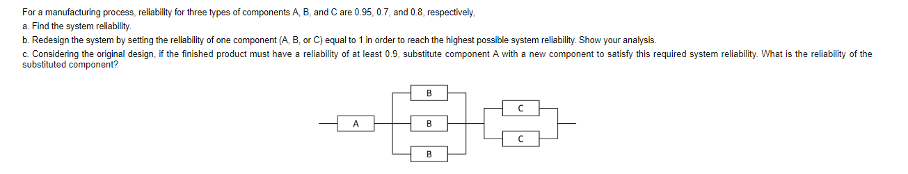Solved For a manufacturing process, reliability for three | Chegg.com