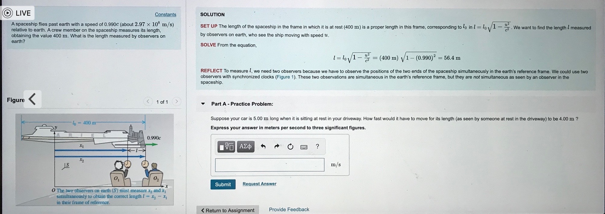 Solved O LIVE stant SOLUTION A spaceship flies past earth | Chegg.com