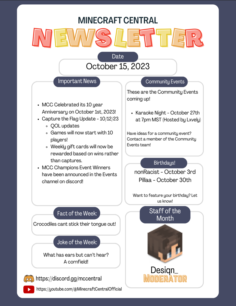 MCC Newsletter! - October 15th, 2023 | Minecraft Central | #1 Minecraft Server