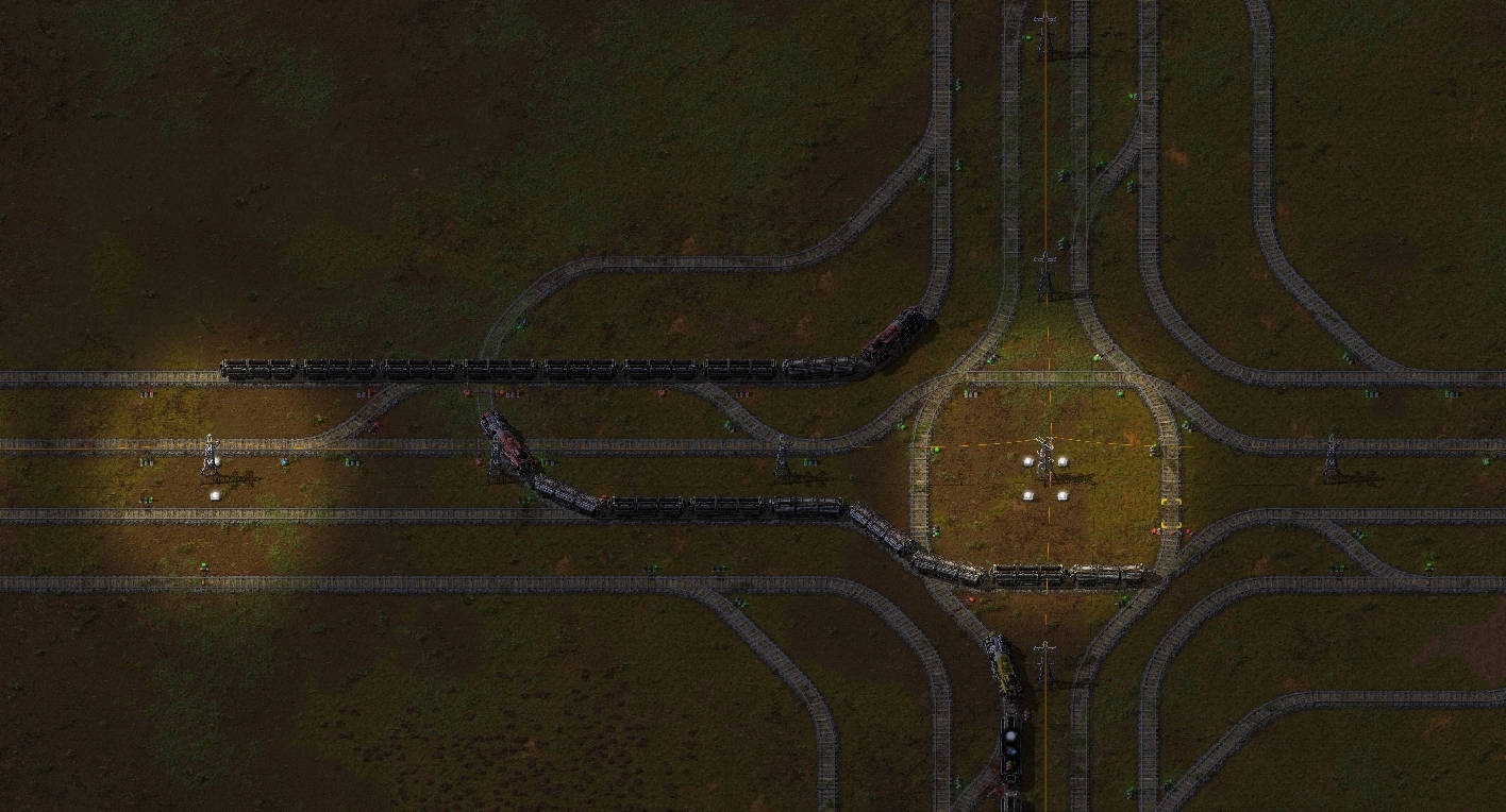 My solution for 4 way train intersection (left hand drive). : r/factorio