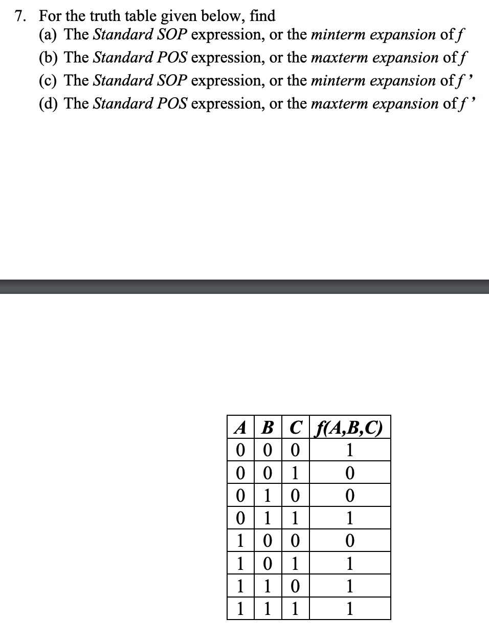 Solved 7. For the truth table given below, find (a) The | Chegg.com