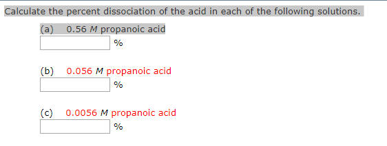 Solved Calculate the percent dissociation of the acid in | Chegg.com