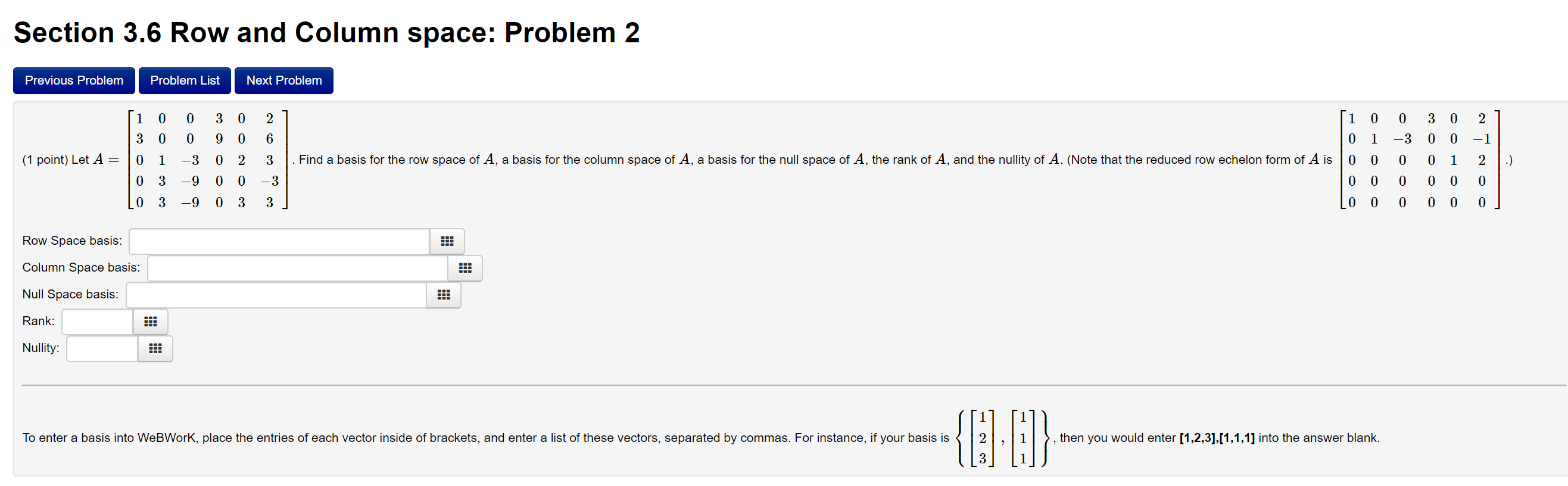 Solved Section 3.6 Row and Column space: Problem 2 Previous | Chegg.com