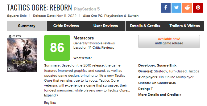 『タクティクスオウガ リボーン』メタスコア解禁！「史上最高のTRPGの再リリースにふさわしい作品」「すでに完璧に近いゲームをより良くしているだけ」 : ゲームかなー速