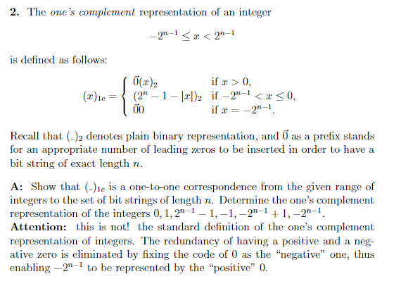 2. The one's complement representation of an integer | Chegg.com