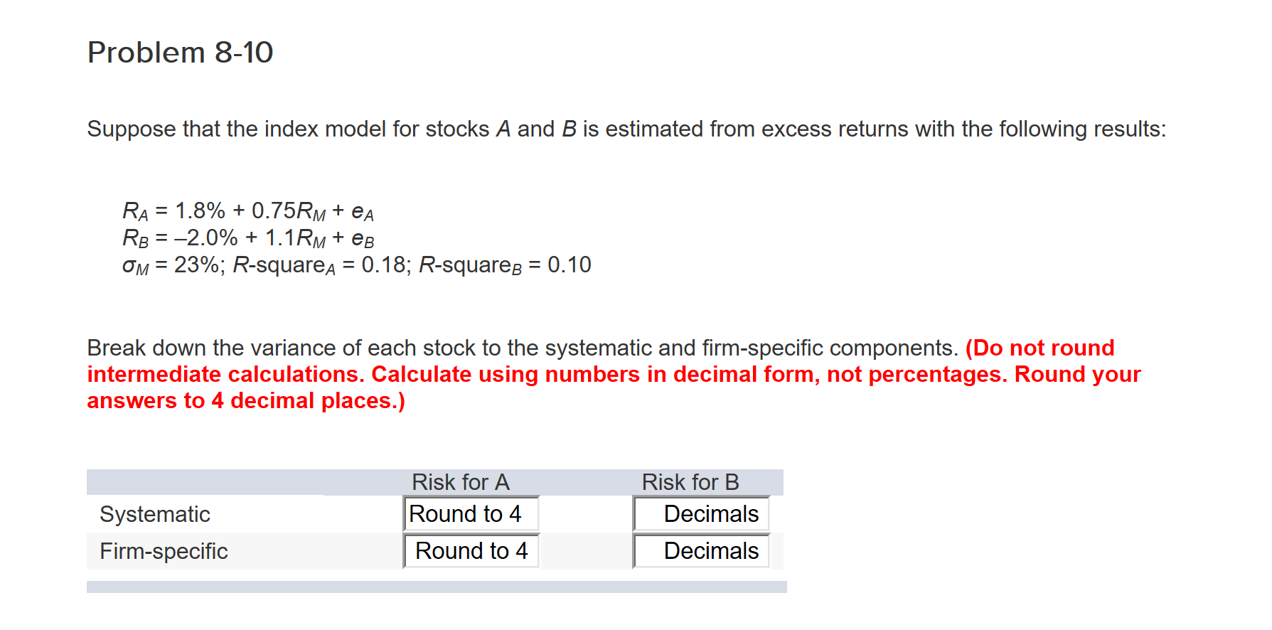 Solved Problem 8-10 Suppose that the index model for stocks | Chegg.com