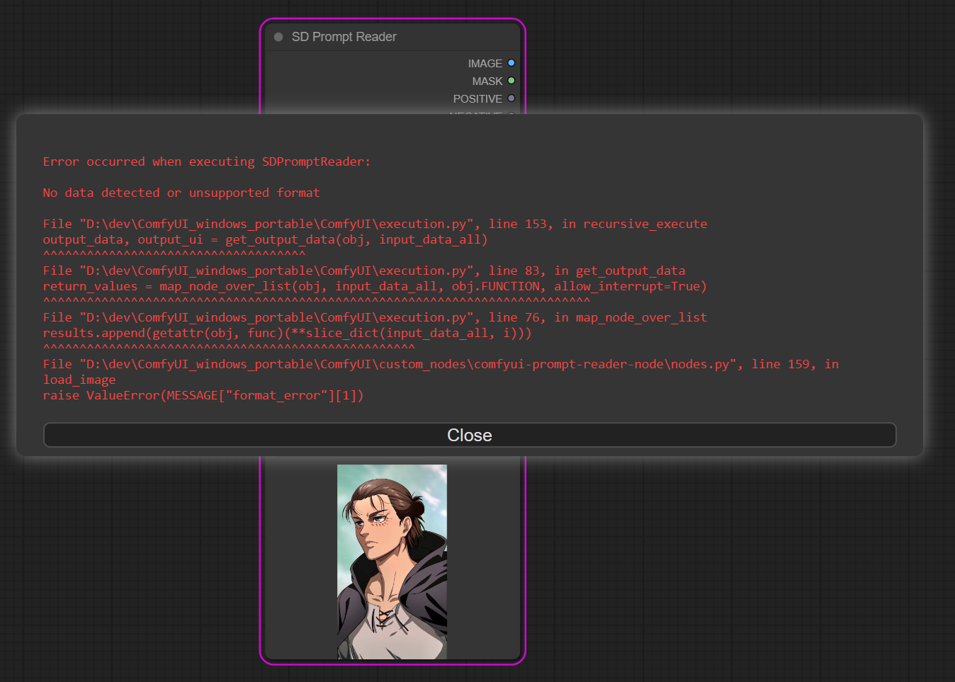 No data detected or unsupported format · Issue #42 · receyuki/comfyui-prompt-reader-node · GitHub