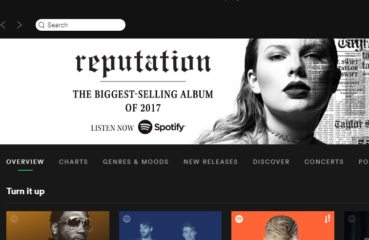 Spotify has a banner for Reputation under "browse" : TaylorSwift