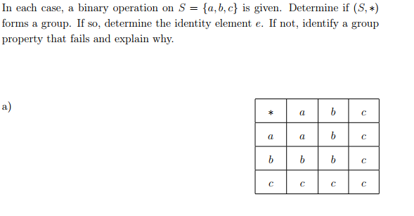 Solved In each case, a binary operation on S = {a, b, c} is | Chegg.com