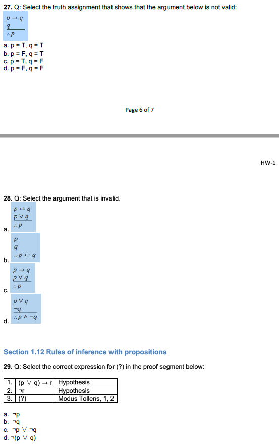 Solved 27. Q: Select the truth assignment that shows that | Chegg.com
