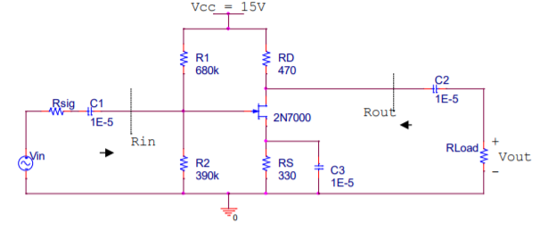 Solved 15V Vcc R1 RD 680k 470 C2 1E-5 Rsig Rout 2N7000 1E-5 | Chegg.com